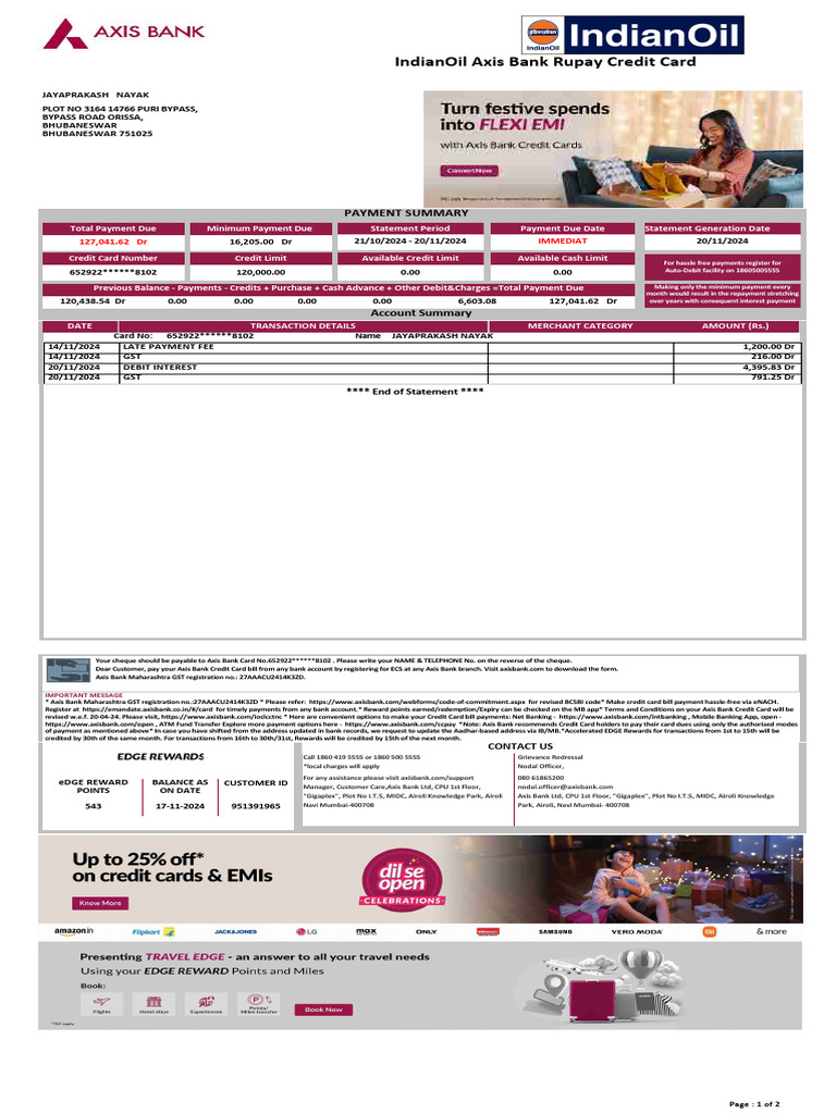 Axis Bank Credit Card Statement Guide | PDF | Credit Card | Payments