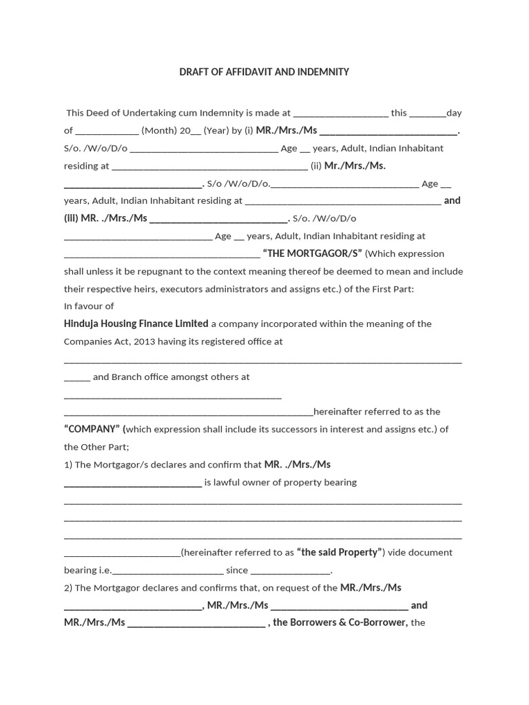 Draft of Affidavit and Indemnity | PDF | Mortgage Law | Indemnity