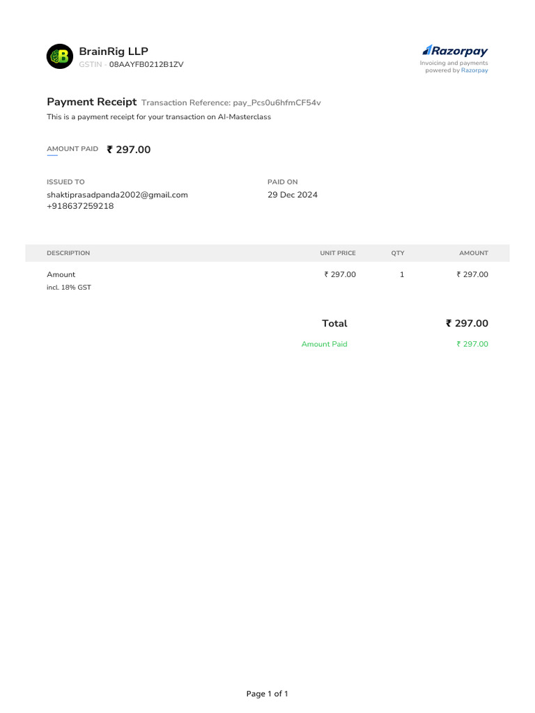 Receipt Pay - Pcs0u6hfmCF54v From BrainRig LLP (Paid) | PDF