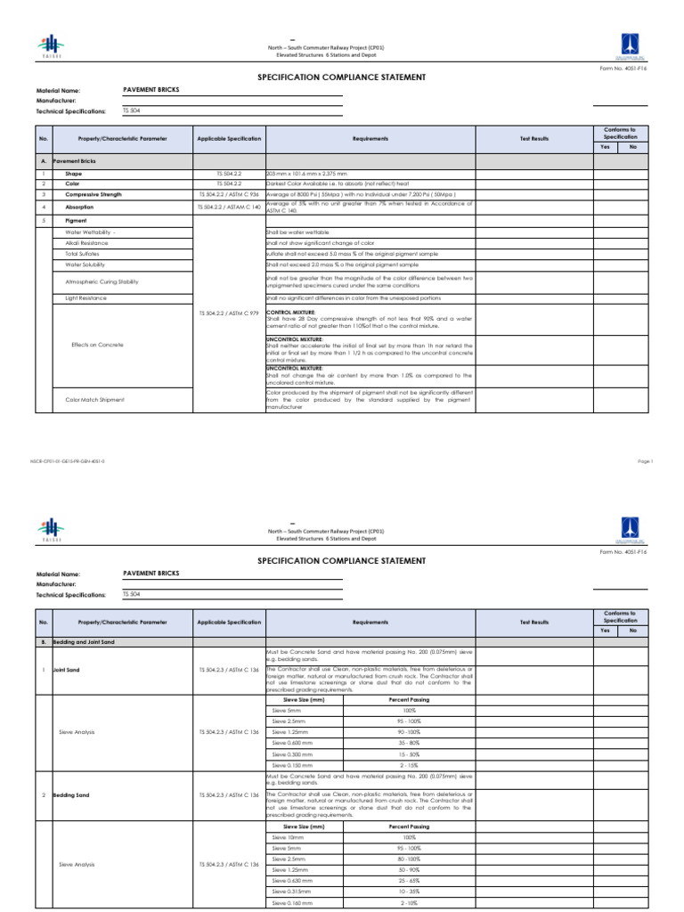 Compliance Specifications for Pavement Bricks | PDF | Concrete ...