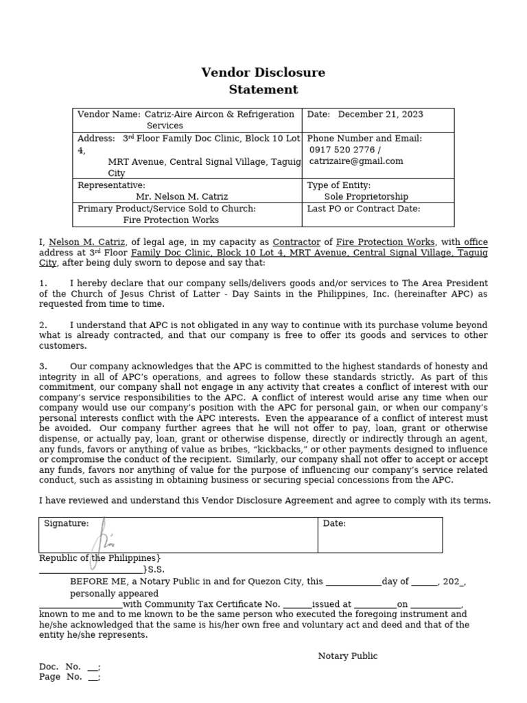 Vendor Disclosure Statement Form | PDF | Bribery | Business Law