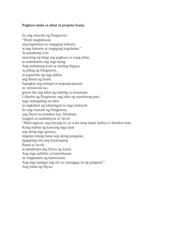 Pagbasa Mula Sa Aklat Ni Propeta Isaias | PDF