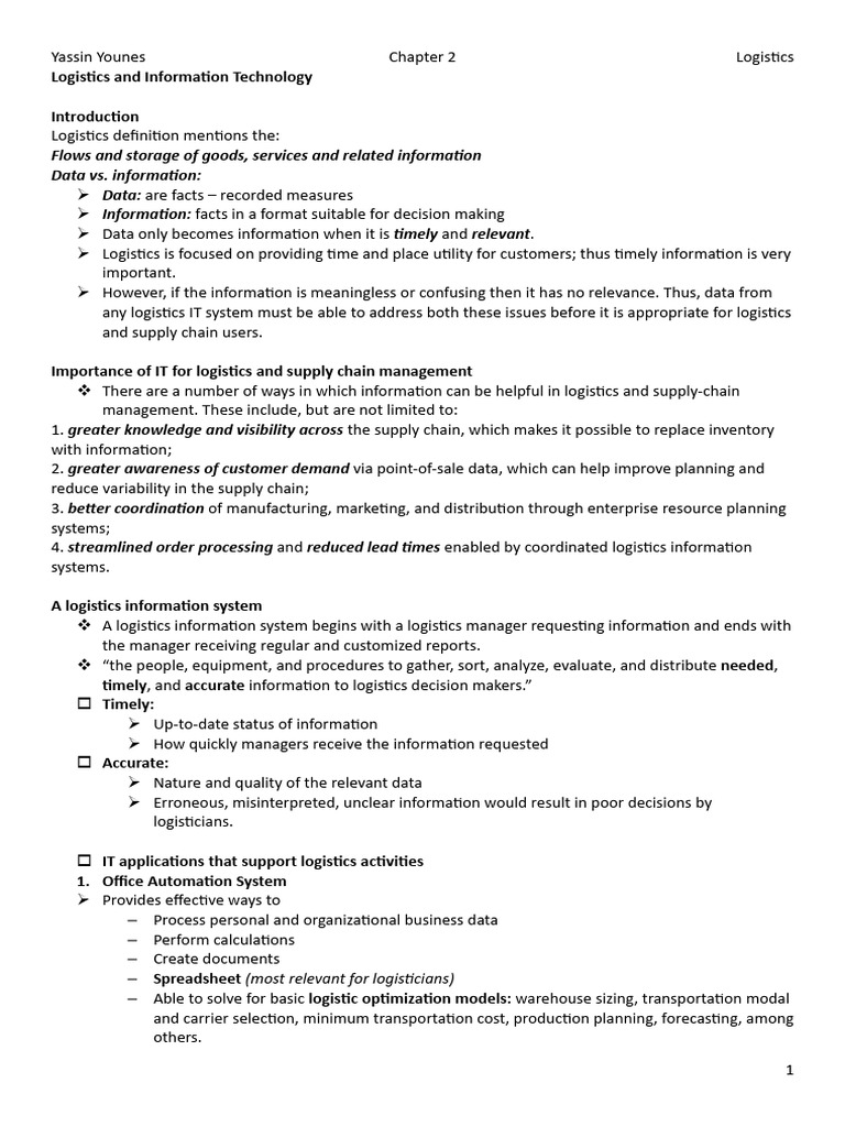CHAPTER 2 Logistics Notes Younes | PDF | Supply Chain | Radio Frequency ...