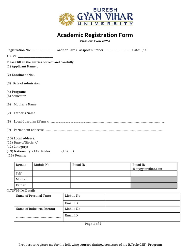 Acadamic Ragistration Form Even 2025 | PDF