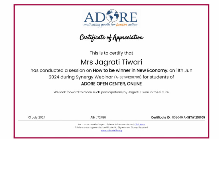 Adore Certificate Mrs. Jagrati Tiwari | PDF