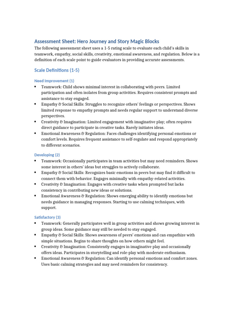 Assessment Sheet Hero Journey Story Magic | PDF | Empathy | Creativity