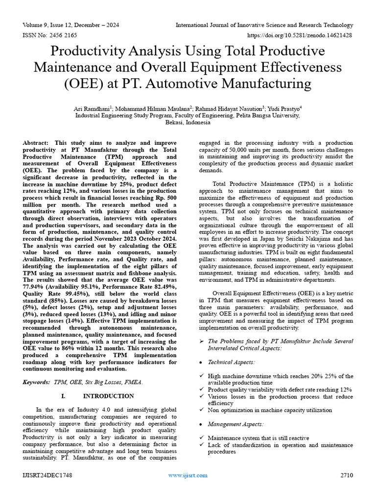 Productivity Analysis Using Total Productive Maintenance and Overall Equipment Effectiveness ...