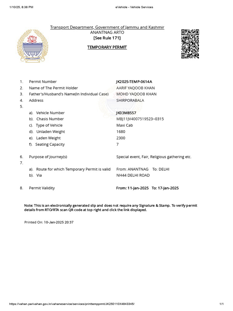 Temporary Vehicle Permit - Anantnag | PDF