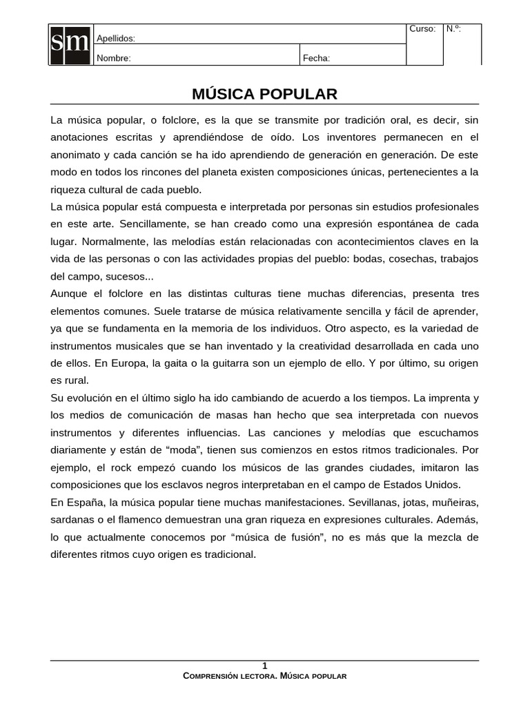 unidad11 Lectura comprensiva sm 5º | PDF | Canciones | Instrumentos ...