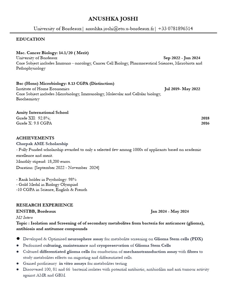 CV Anushka Joshi.docx | PDF | Microbiology | Biology