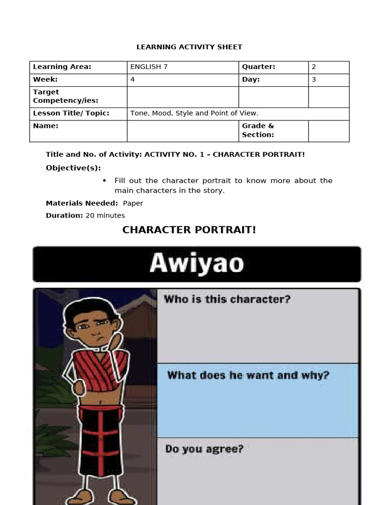 Character Portrait Activity for English 7 | PDF