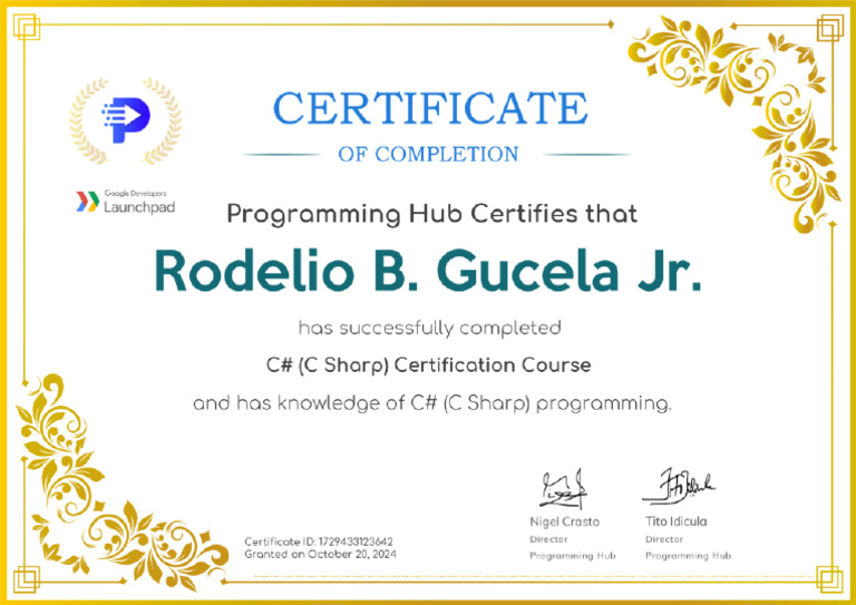 Certificate of Completion - C# (C Sharp) 2024 | PDF