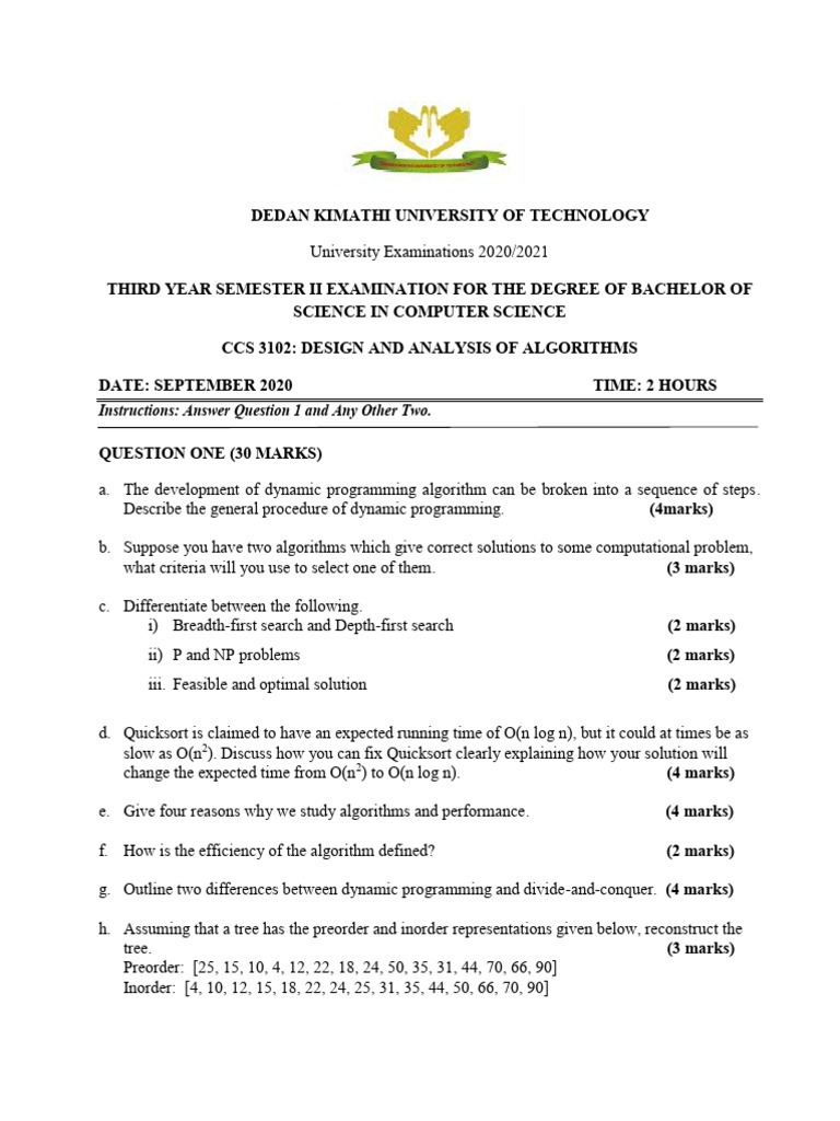 CCS 3102 Design and Analysis of Algorithms Exam | PDF | Computer Science | Algorithms And Data ...
