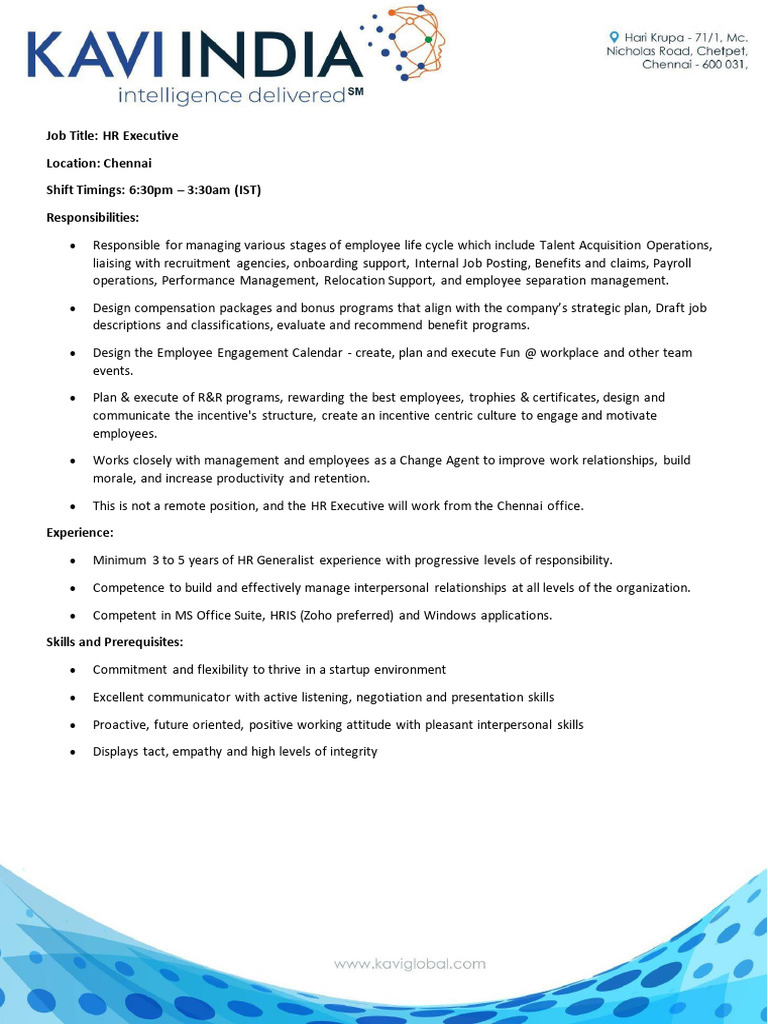 HR Executive Role in Chennai | PDF | Analytics | Incentive