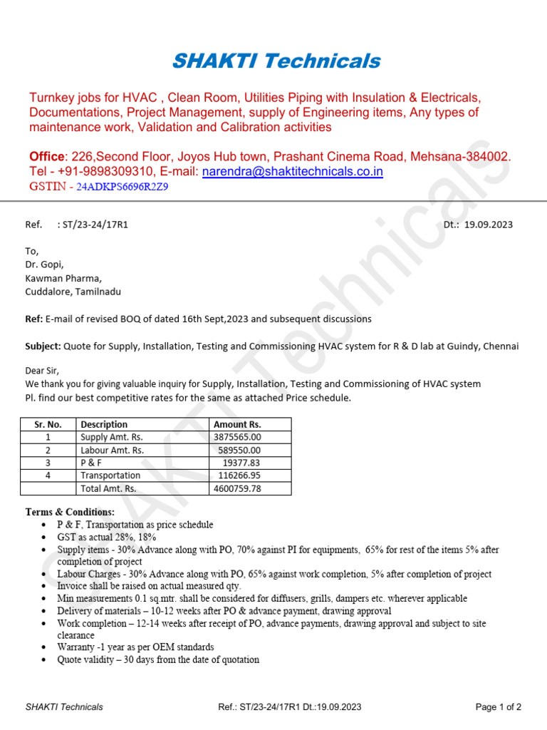 HVAC Quote for Kawman Pharma Lab | PDF