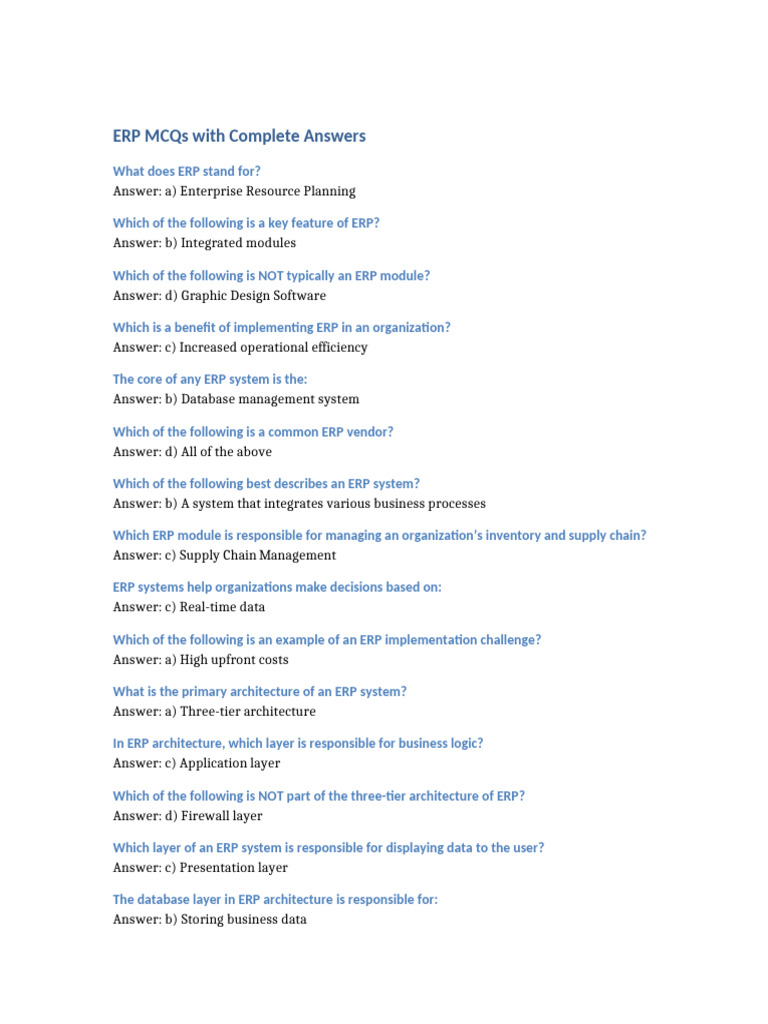 ERP Complete MCQs With Answers | PDF | Enterprise Resource Planning ...