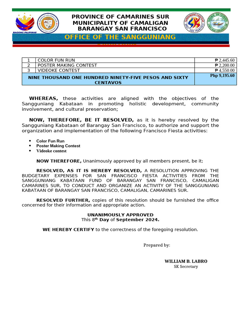 9, Resolution For Barangay Fiesta | PDF
