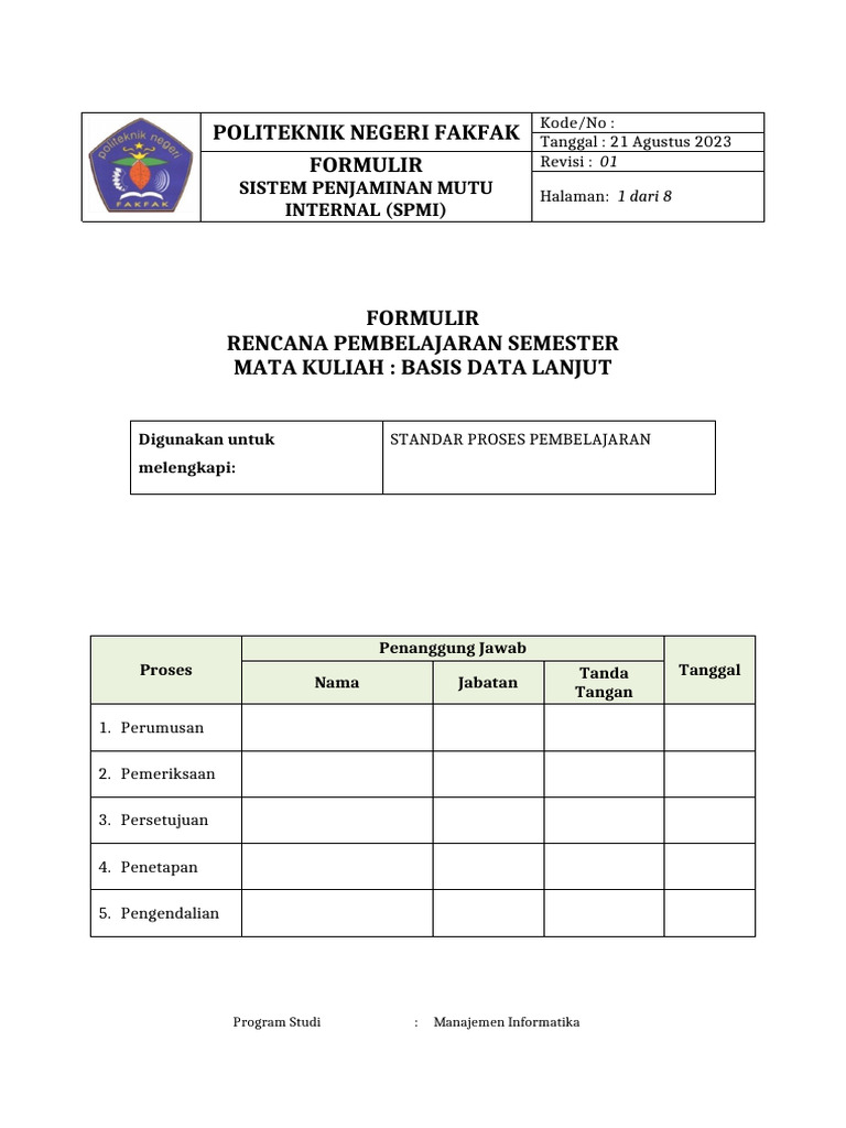 RPS Basis Data Lanjut Format Baru- NUR SAKINAH | PDF