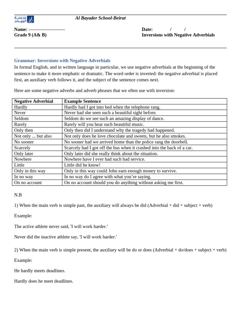 Negative Adverbial Inversions | PDF | Verb | Syntax