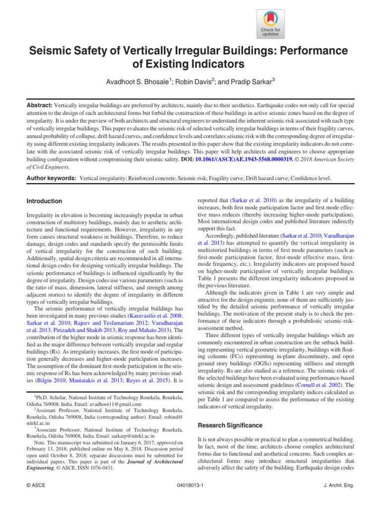 Sarkar Et Al 2018 Seismic Safety of Vertically Irregular Buildings Performance of Existing ...