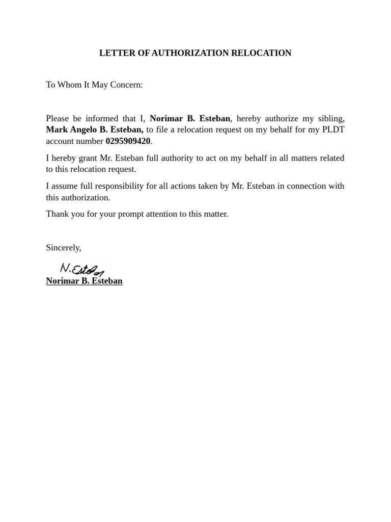 Letter of Authorization Relocation | PDF