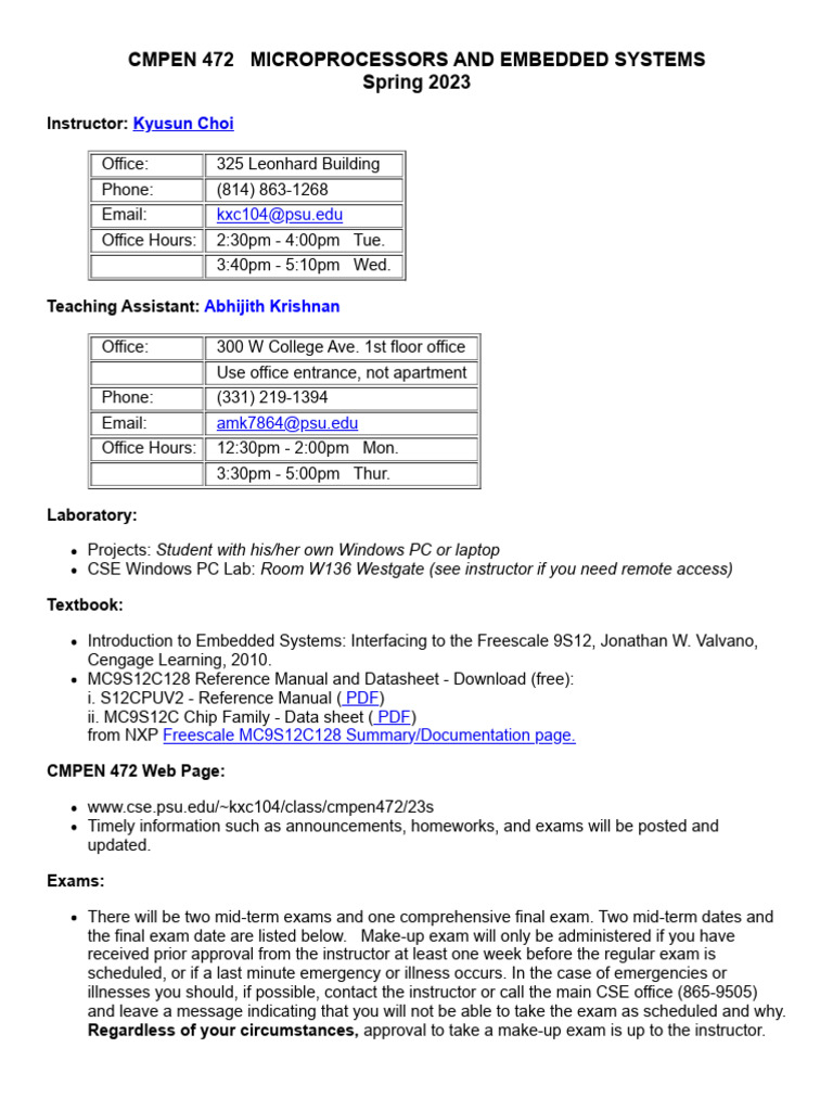 CMPEN 472 Syllabus, The Pennsylvania State University, Spring 2023 | PDF | Embedded System ...