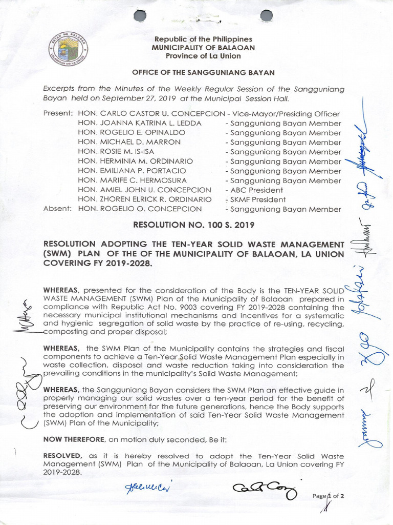 Resolution No. 100 S. 2023 - Adopting The 10-Year Solid Waste ...
