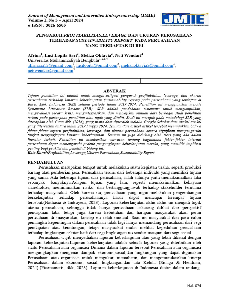 Pengaruh Profitabilitas, Leverage Dan Ukuran Perusahaan Terhadap Sustainability Report Pada ...
