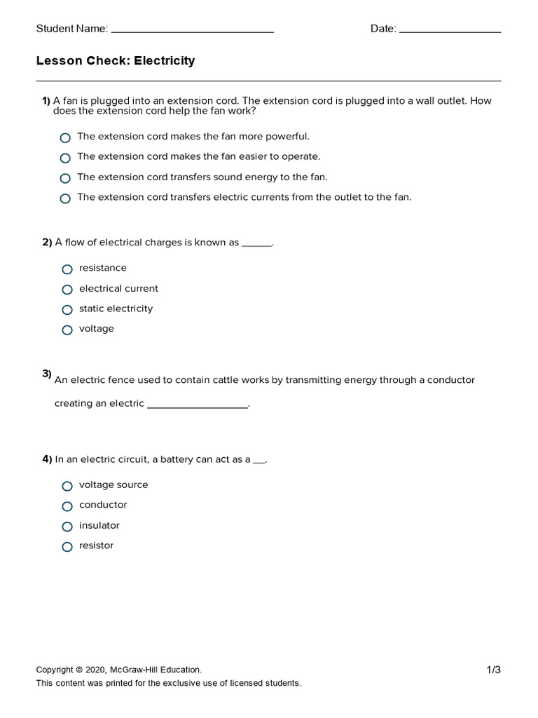 Worksheet Electricity | PDF | Electricity | Electric Generator