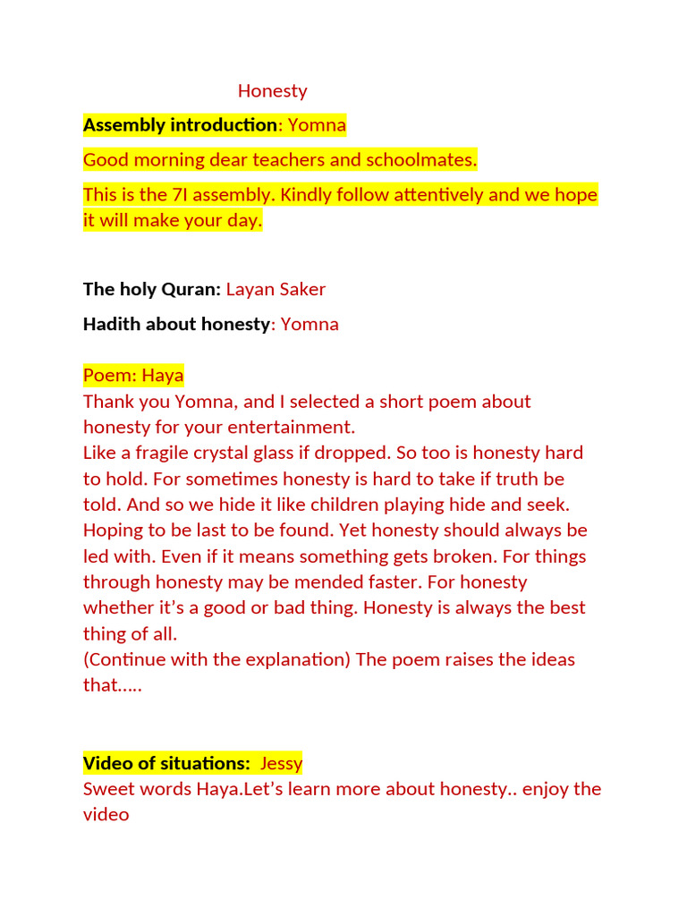 7I Honesty and Self Esteem | PDF | Self Esteem | Psychological Concepts