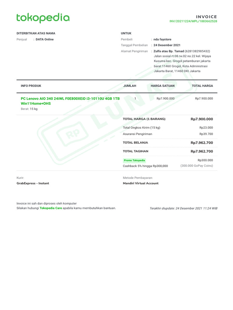 Invoice PC All in One Lenovo 2 | PDF