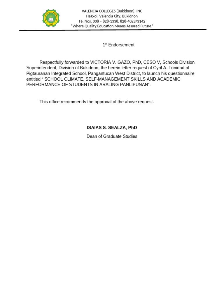 1st Endorsement Letter | PDF | Thesis