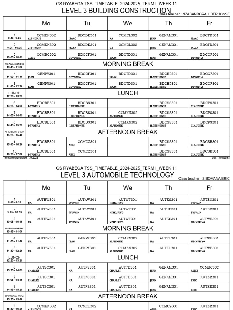 Classes's Timetable Week 1 (1) - 053107 | PDF