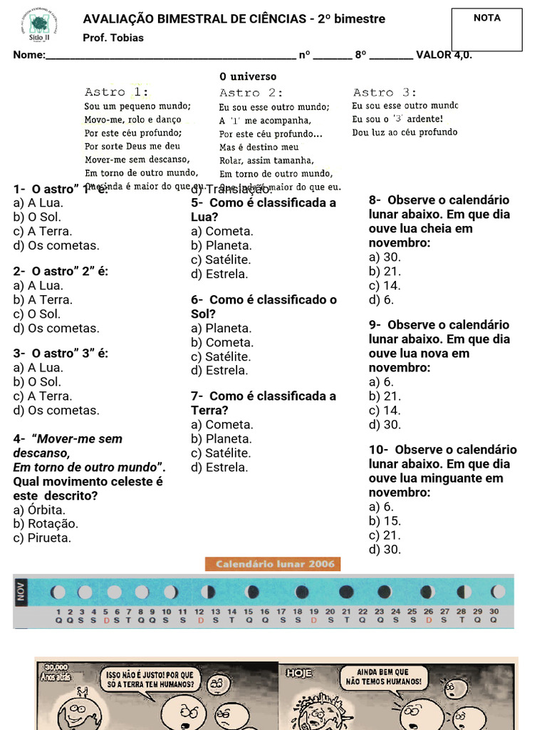 Prova Astronomia Final Planetas COM Nome Universo 2016 Poema Astro 2017 Versão 2 Mais Fácil Com ...