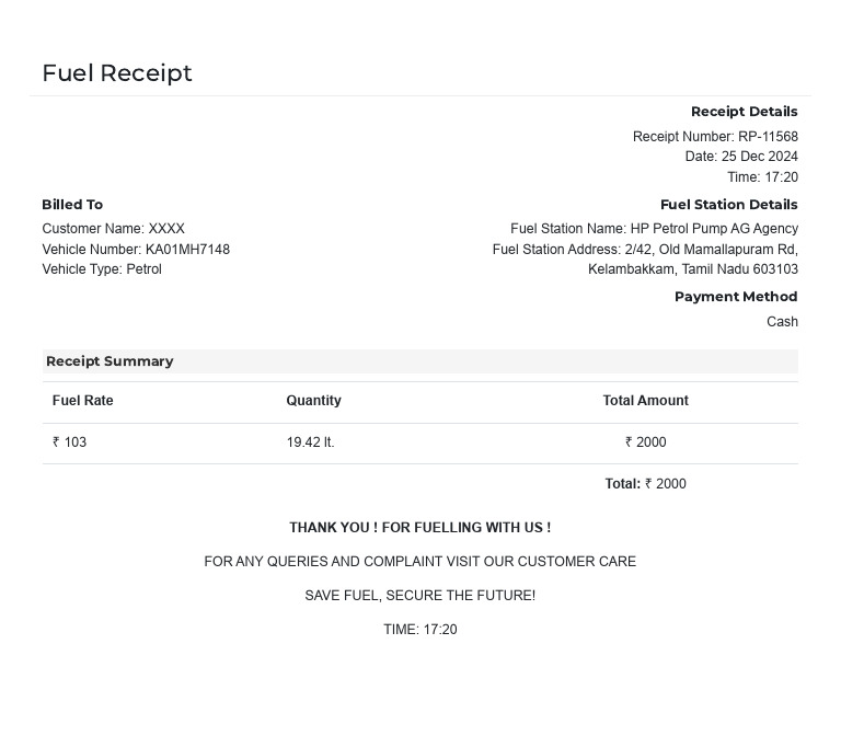 HP Petrol Pump Fuel Receipt 2024 | PDF