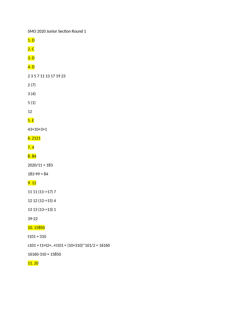 SMO 2020 Junior Section Round 1 Solutions | PDF