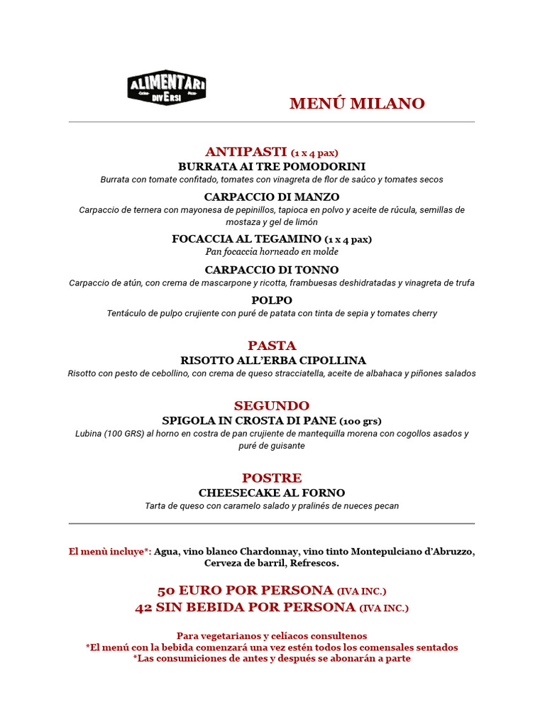 Menú Dica Milano: Platos y Precios | PDF