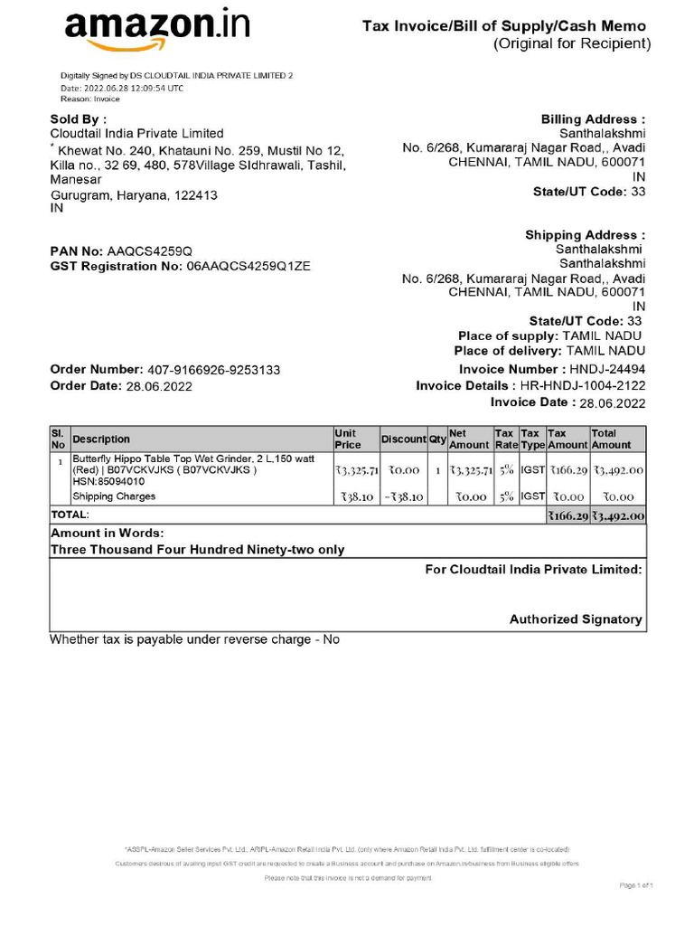 Invoice Wet Grinder - Original | PDF