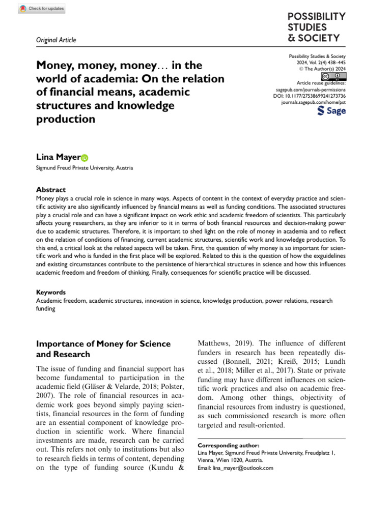 Mayer 2024 Money Money Money in The World of Academia On The Relation ...
