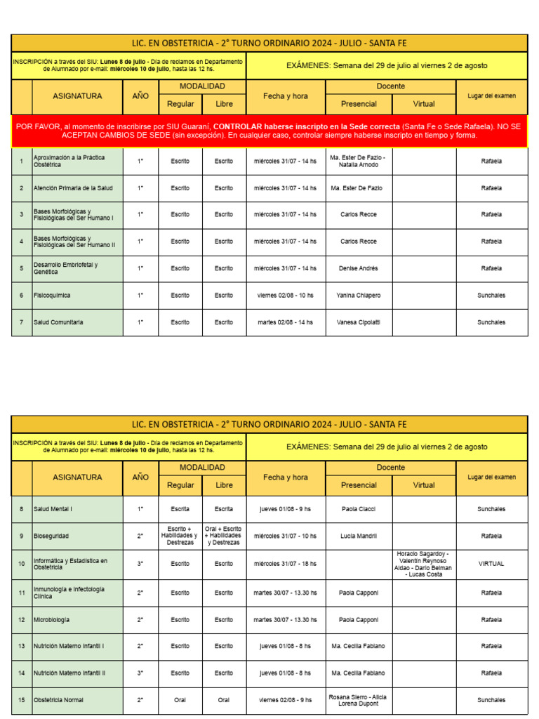 RAFSUNCH 2do to 2024 Julio Tabla de Horarios | PDF | Partería | Ciencias de la Salud