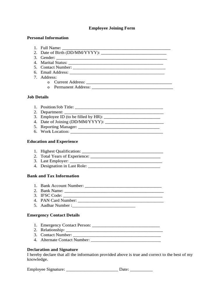 Employee Joining Form | PDF