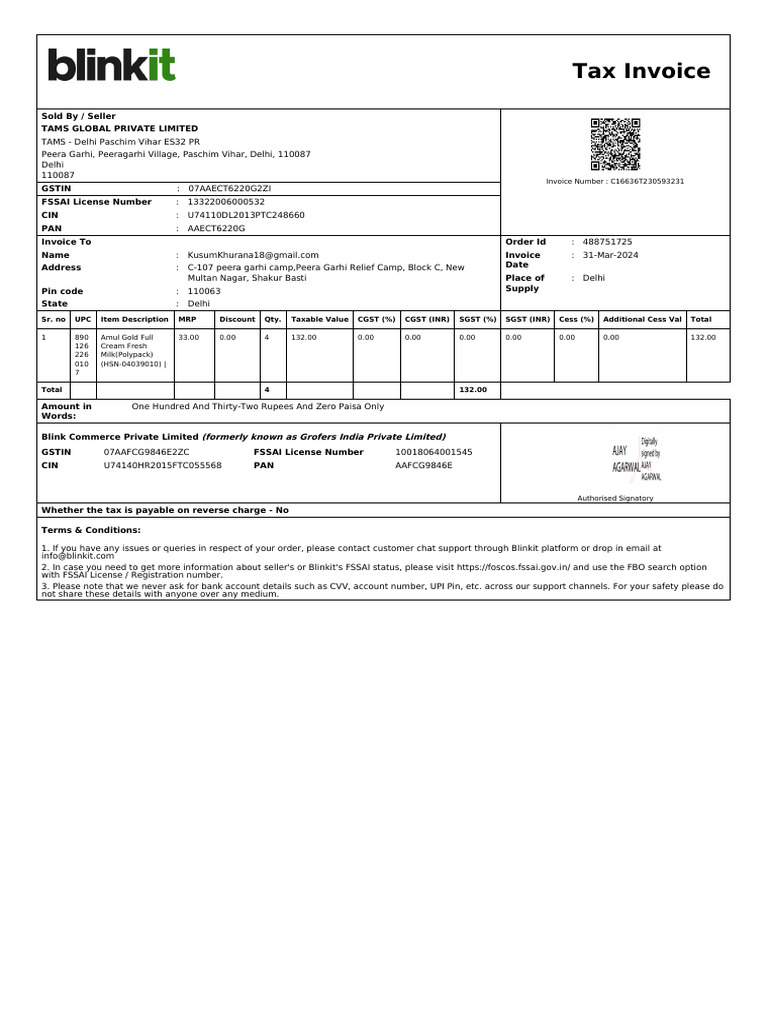 Tax Invoice for Amul Milk Purchase | PDF | Invoice | Government Finances