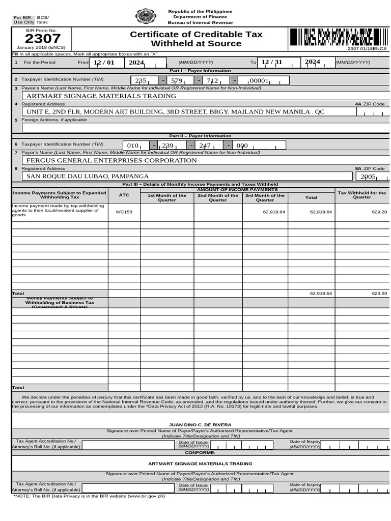 Certificate of Creditable Tax Withheld | PDF | Payments | Money