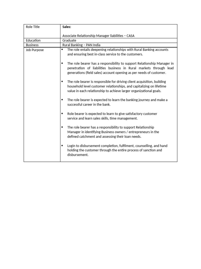Associate Relationship Manager Liabilities CASA | PDF | Banks ...