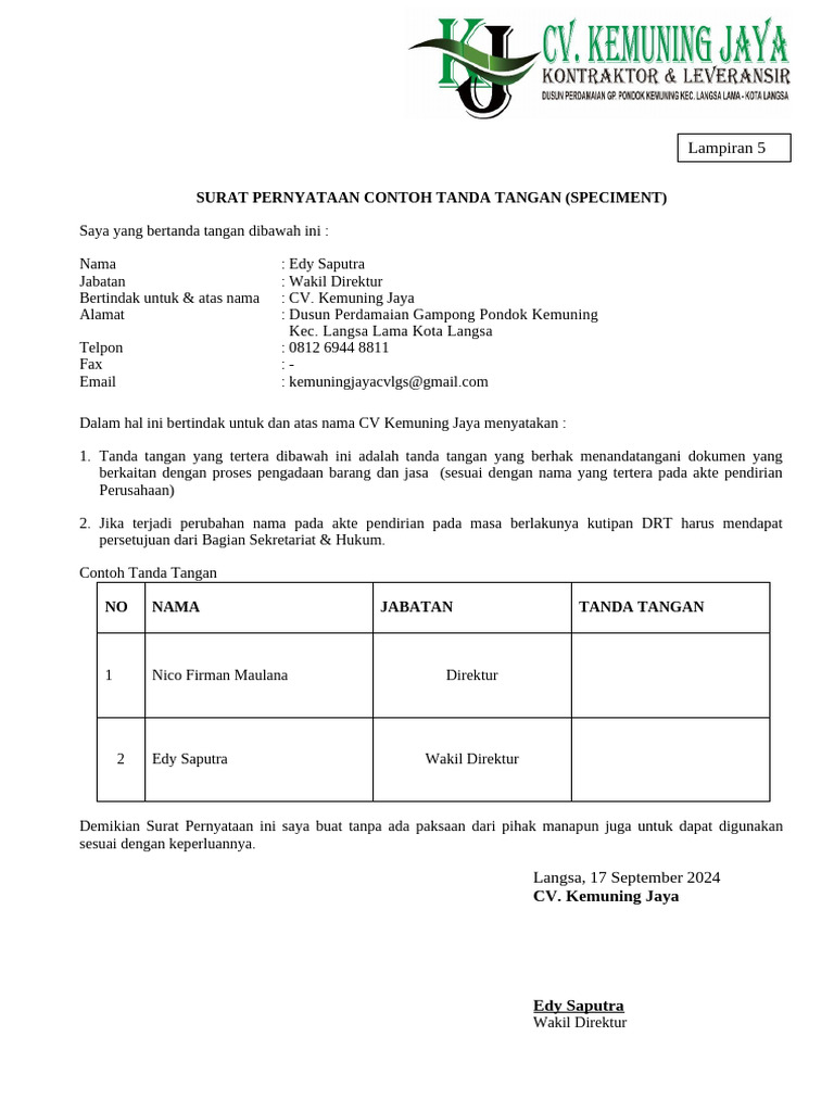 Surat Pernyataan Contoh Tanda Tangan | PDF