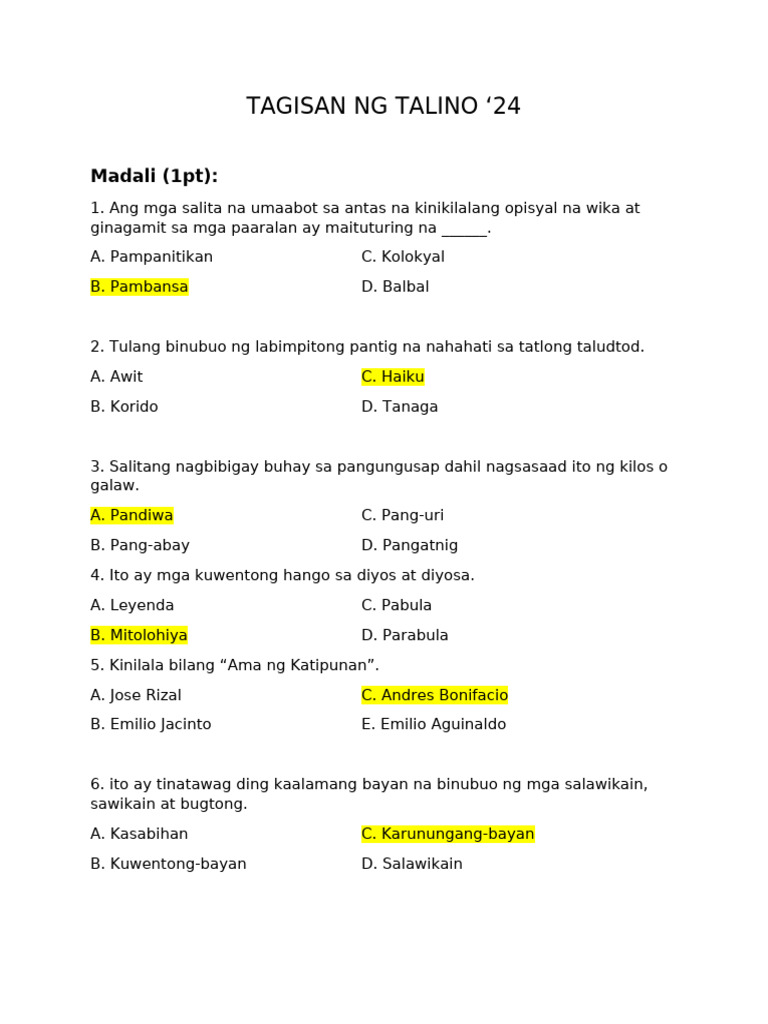 TAGISAN NG TALINO Questions | PDF