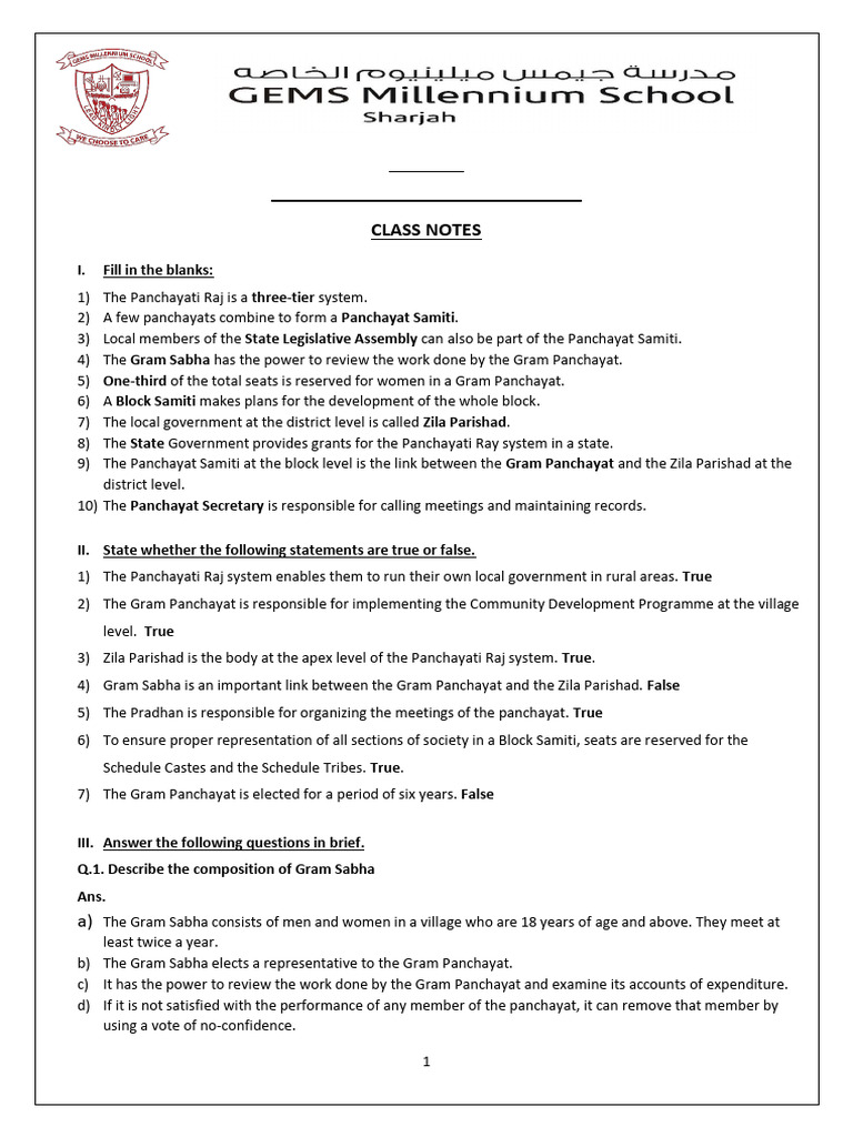 Local Government in Rural Areas: Class 6 Notes | PDF | Government ...
