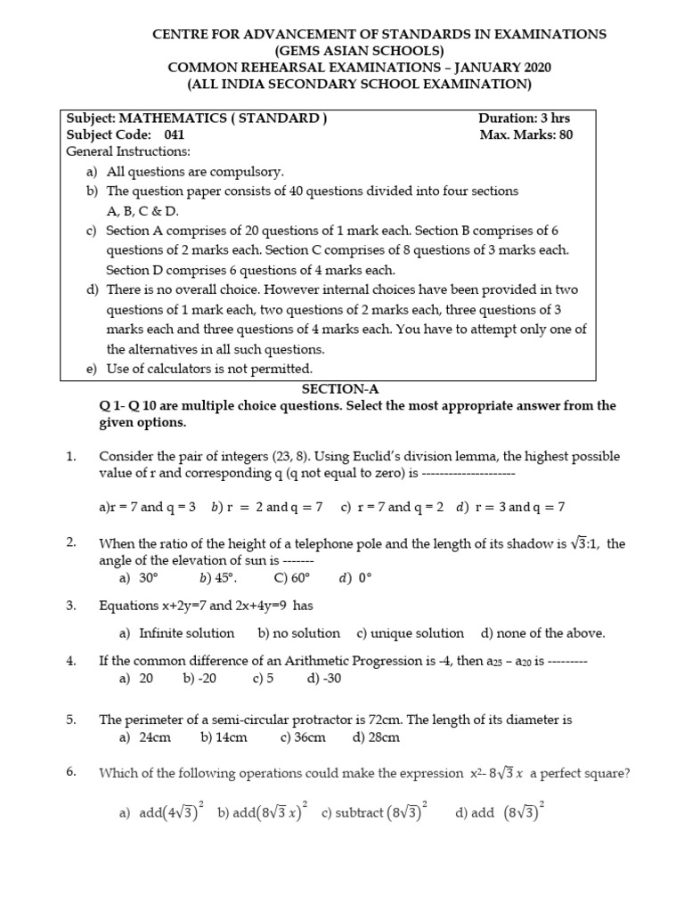 CASE - Gr. X - Maths Question Paper - Standard 2019 | PDF ...