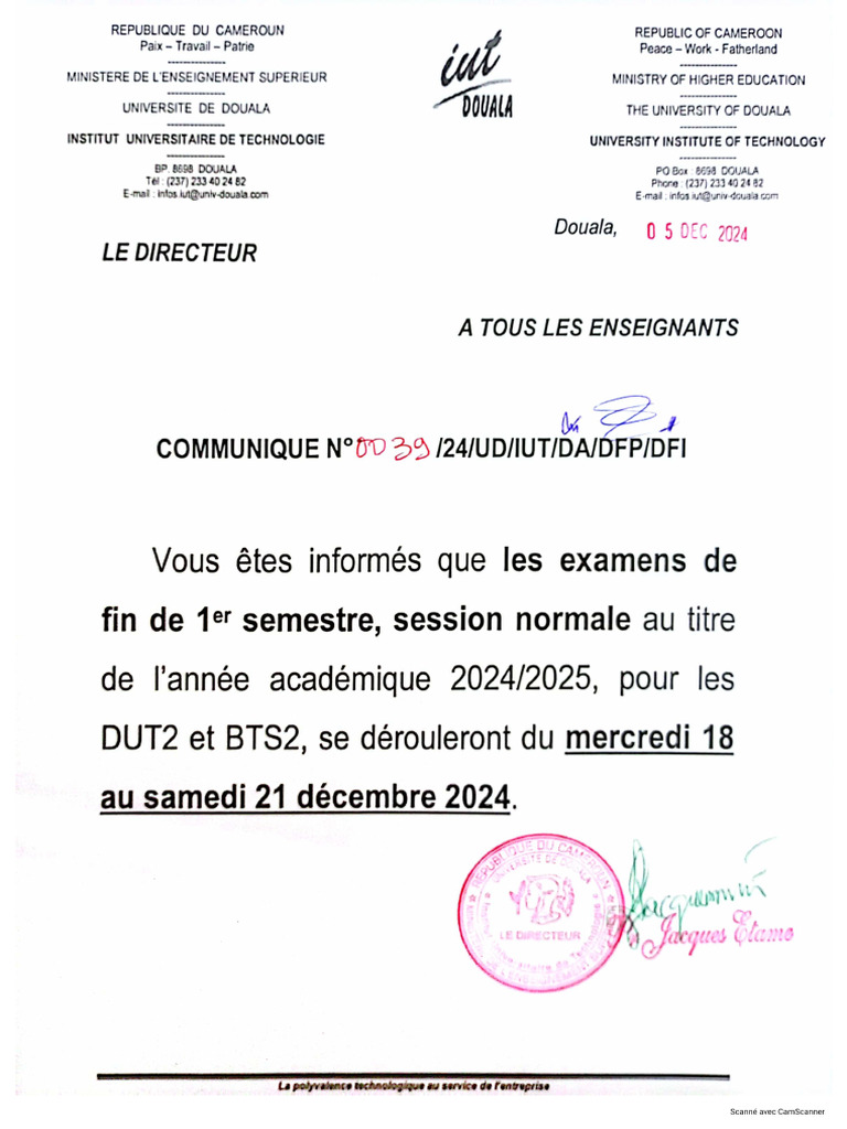 Examens de 1er Semestre DUT 2 Et BTS 2 Prévus Du 18 Au 21 Décembre 2024 | PDF