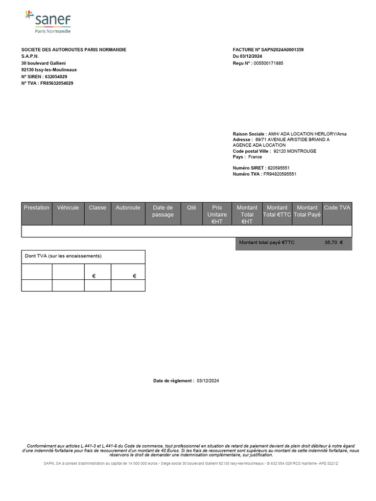 Facture Péage A14 - SAPN 2024 | PDF | Taxe sur la valeur ajoutée ...